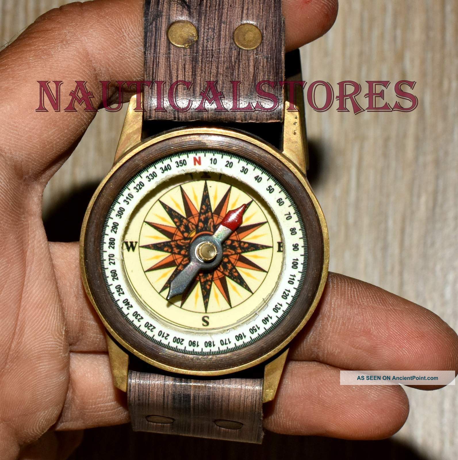 Antique Brass Compass Hand Wrist Watch Look Nautical Marine Navigation